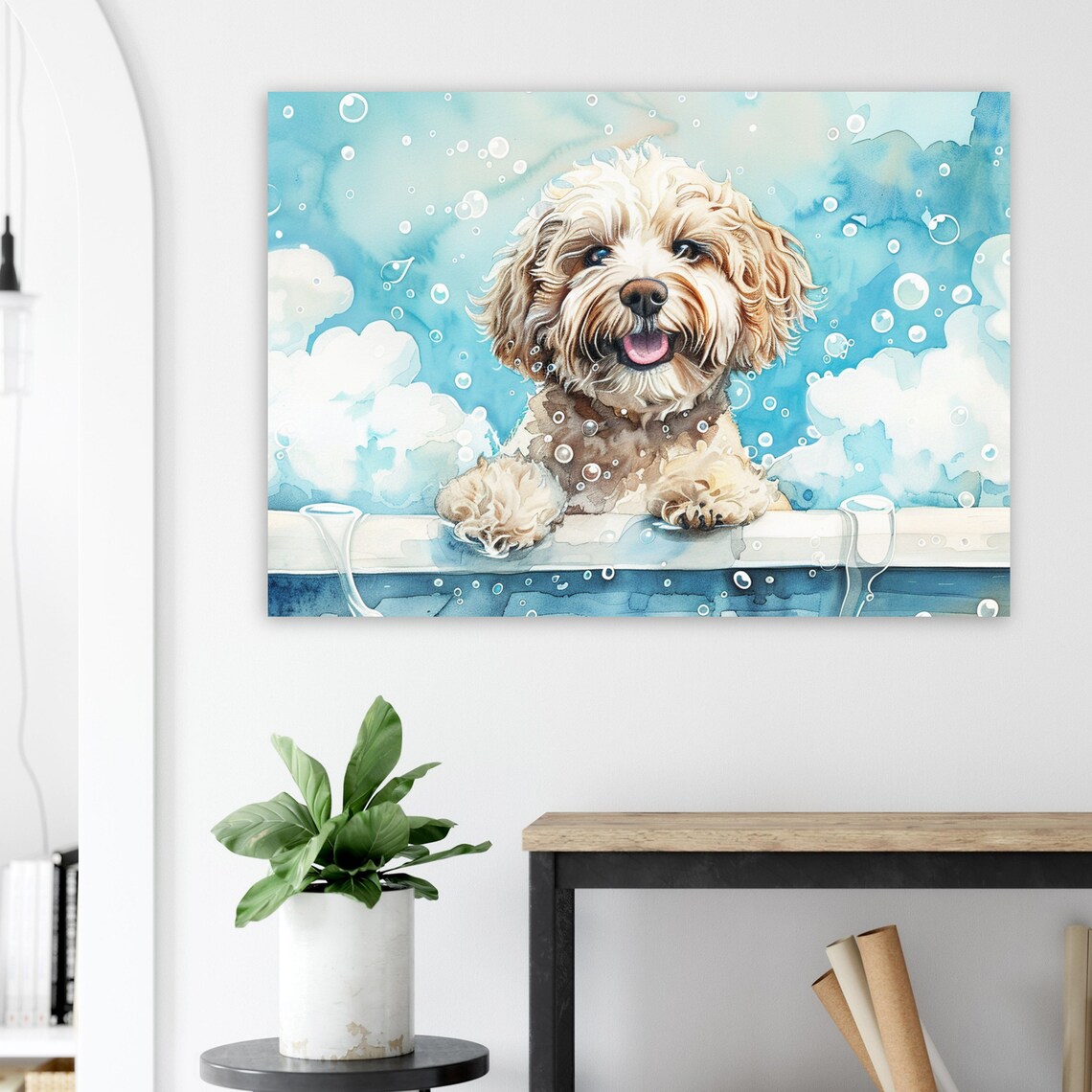 White Cockapoo Canvas / Poster Print. Colourful Watercolour Doodle Dog ...