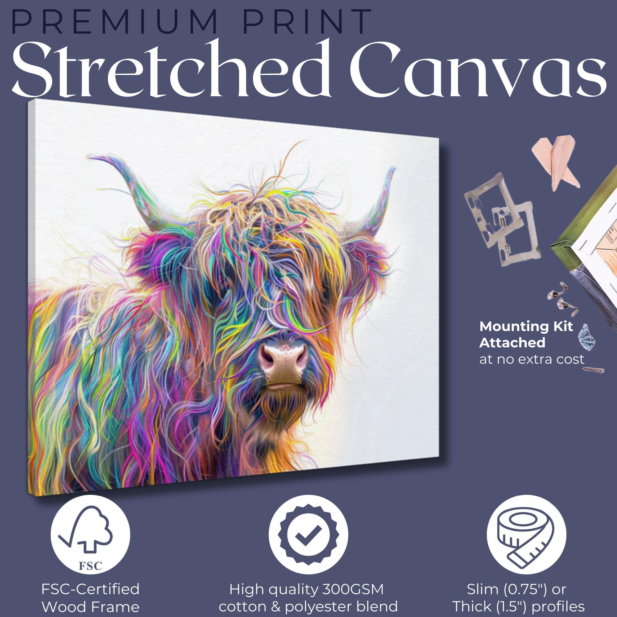 Highland Cow Canvas / Poster Print. Colorful Shaggy Scottish Cow ...