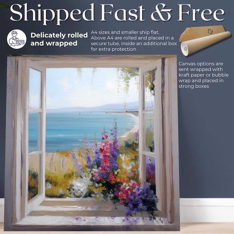 Wildflowers & Open Window Canvas / Unframed Print. Ocean View Coastal ...