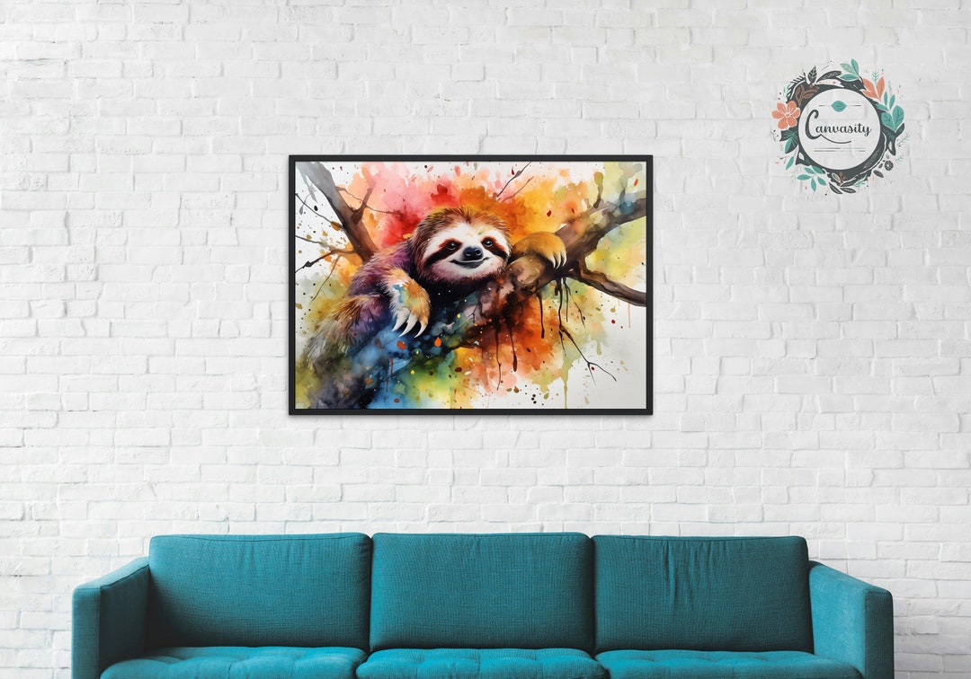 Watercolor Happy Sloth Poster Print Colorful Pop Art Rainbow Painting ...