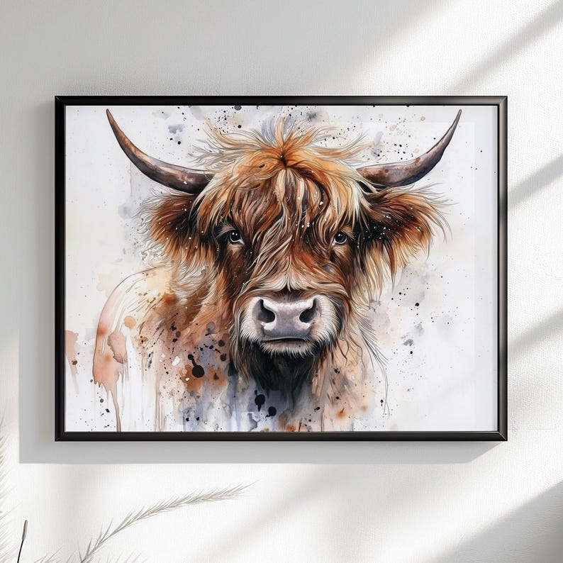 Highland Cow Canvas or Poster. Watercolour Paint Splash Art, Framed ...