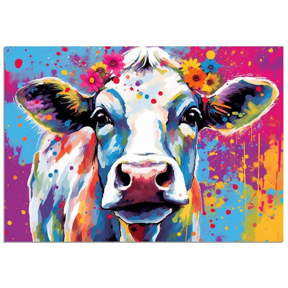 Colorful Cow Poster. Rainbow Animal Wall Art Floral Print. - Etsy