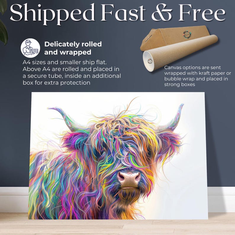 Highland Cow Canvas / Poster Print. Colorful Shaggy Scottish Cow ...