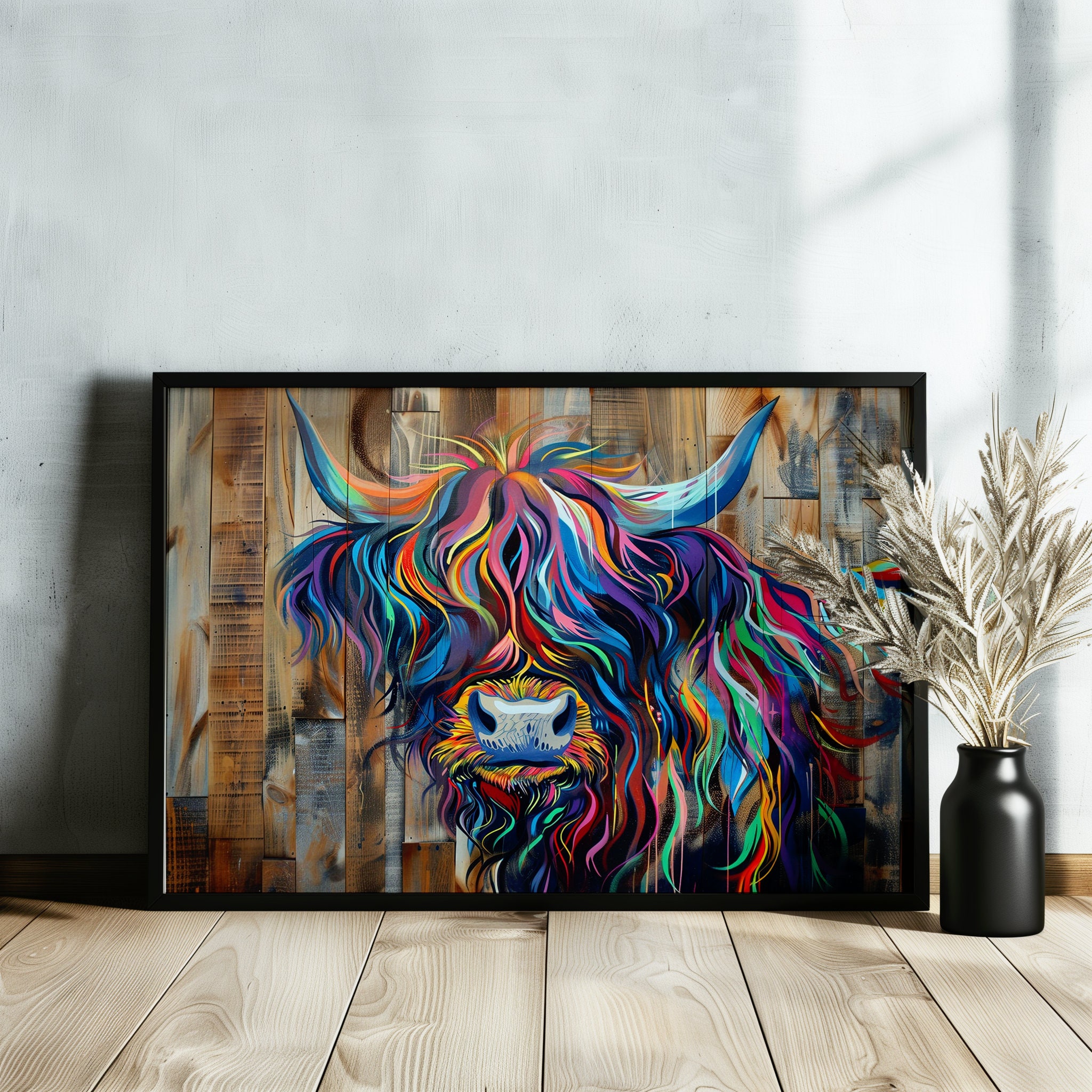 Highland Cow Canvas / Poster Print Wooden Background. Colourful Shaggy ...