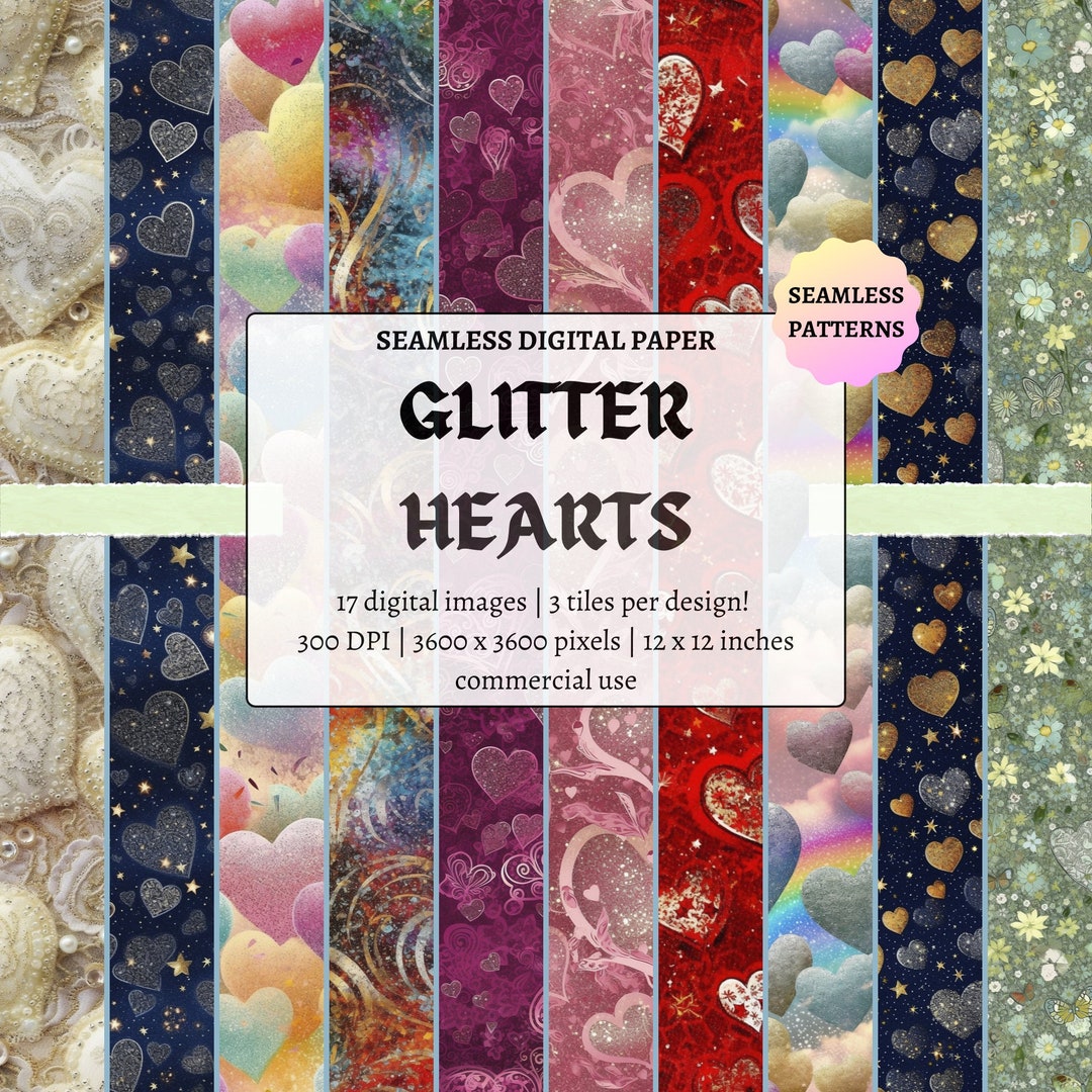 Glitter Hearts | Sparkly Seamless Pattern for Fabric | Pink, Red, Blue ...