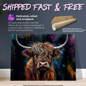 Highland Cow Canvas / Poster Print. Colorful Shaggy Scottish Cow ...
