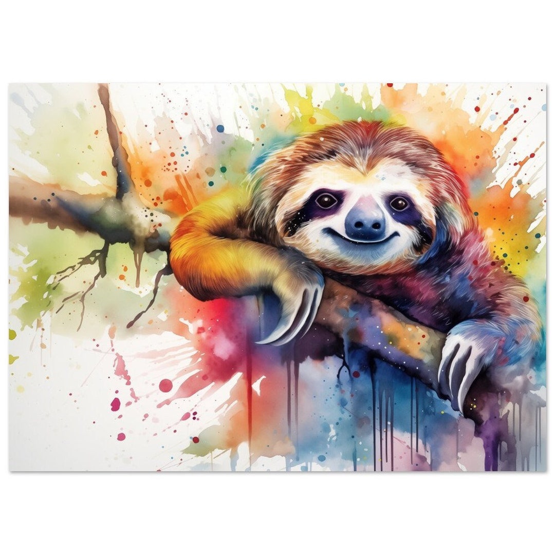 Watercolor Sloth Poster Print. Landscape / Square Rainbow Painting Gift ...