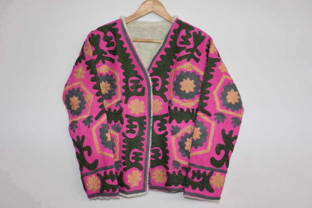 Handmade Suzani Embroidered Open Jacket With Silk Fur Lining, Boho ...