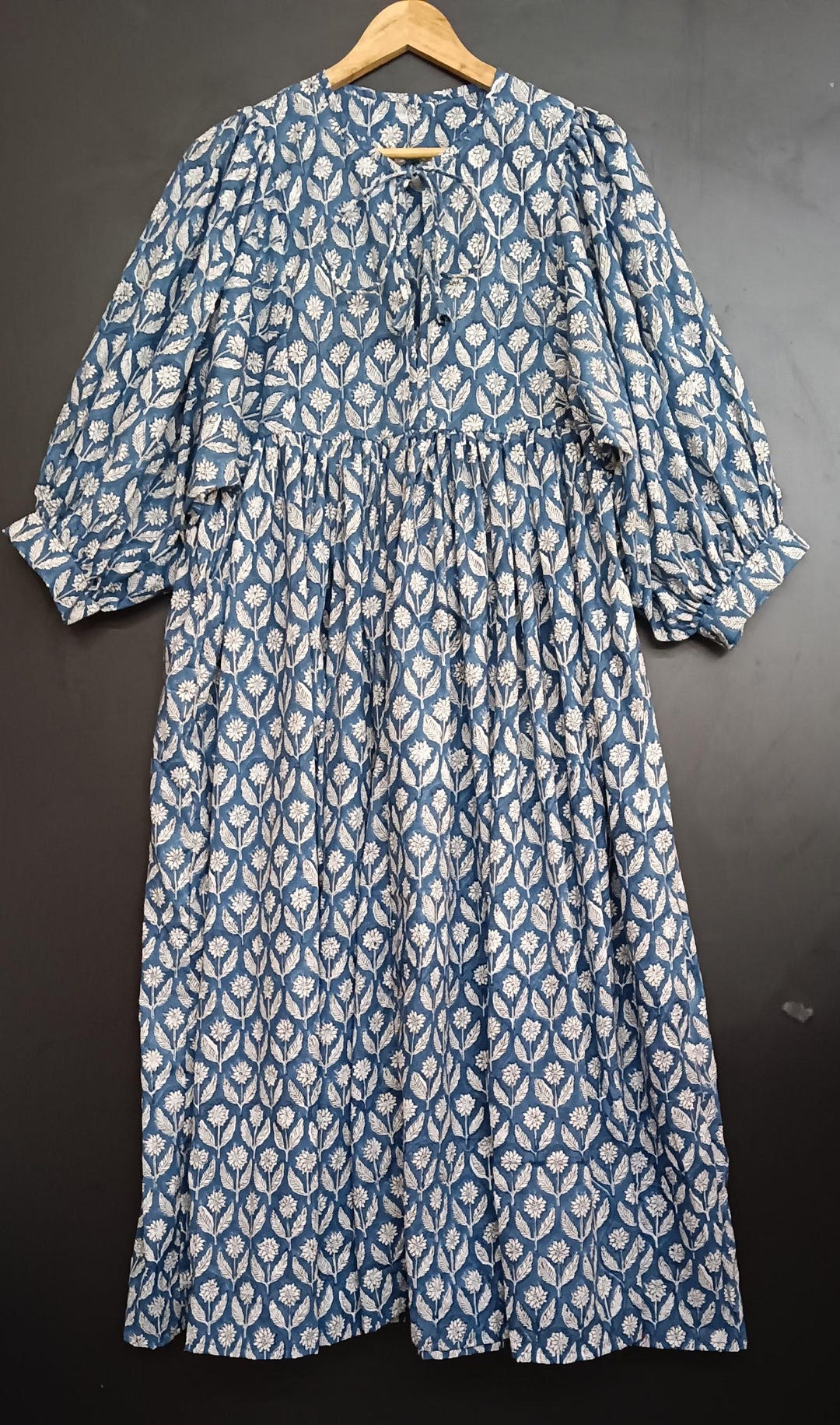 Indigo Blue Floral Hand Block Print Cotton Dress Artisan Crafted Boho ...