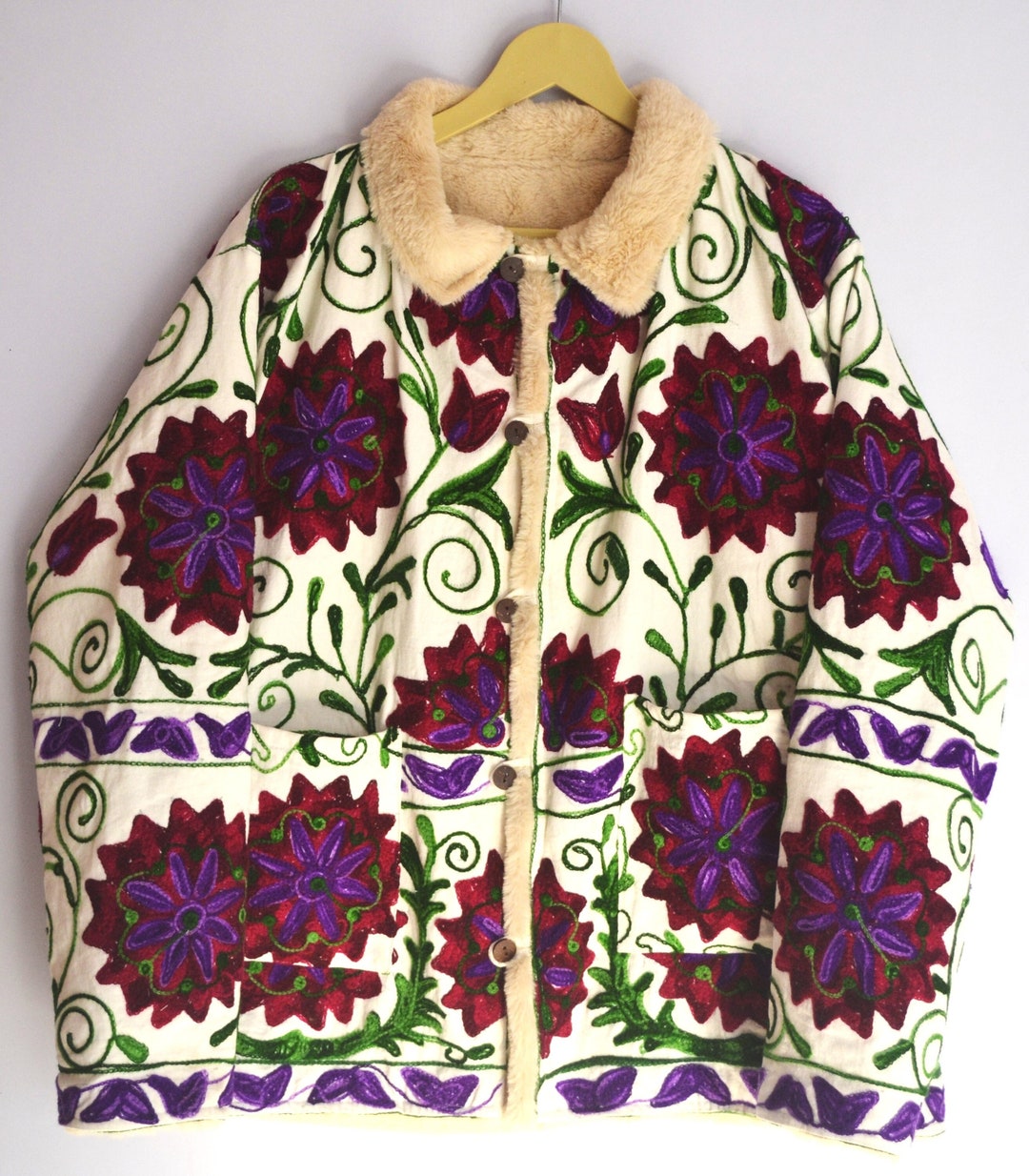 Handmade White Suzani Embroidered Jacket With Silk Fur Lining, Boho ...