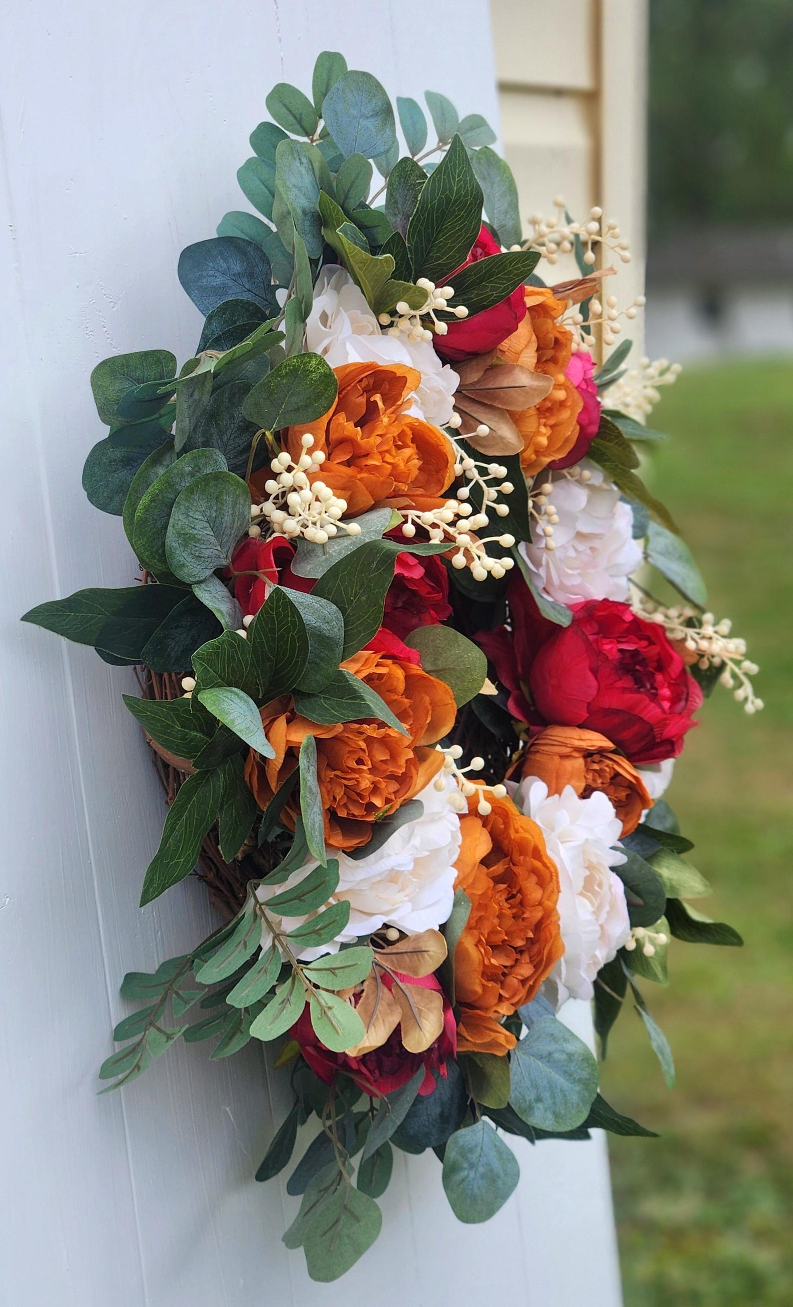 Faux Autumn Wreath for Front Door, Burgundy, Coffee/orange, Cream ...