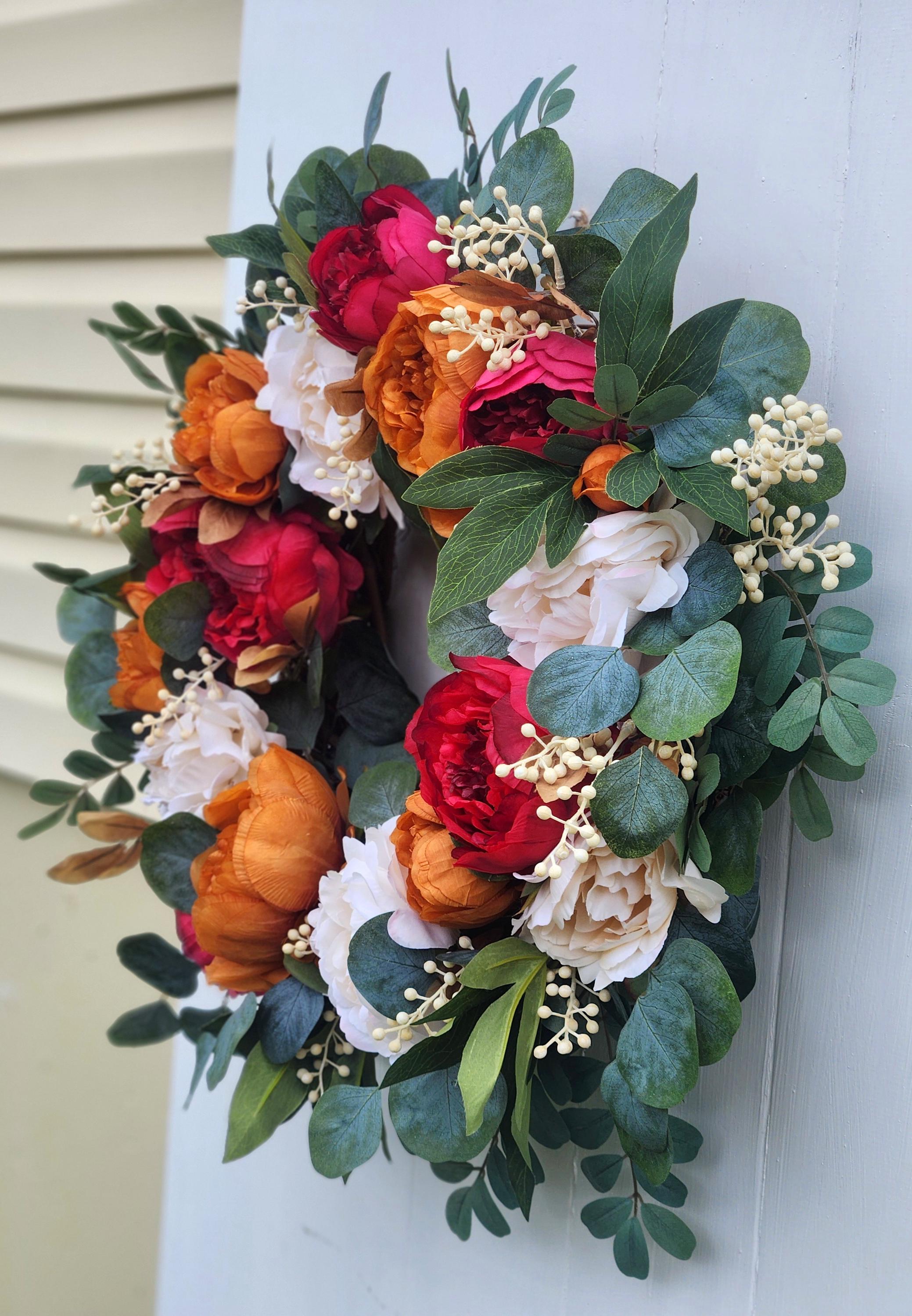 Faux Autumn Wreath for Front Door, Burgundy, Coffee/orange, Cream ...