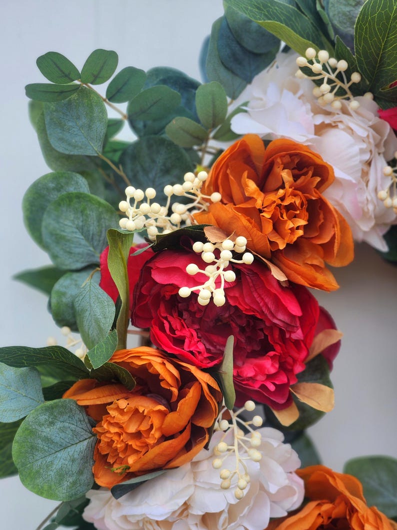 Faux Autumn Wreath for Front Door, Burgundy, Coffee/orange, Cream ...