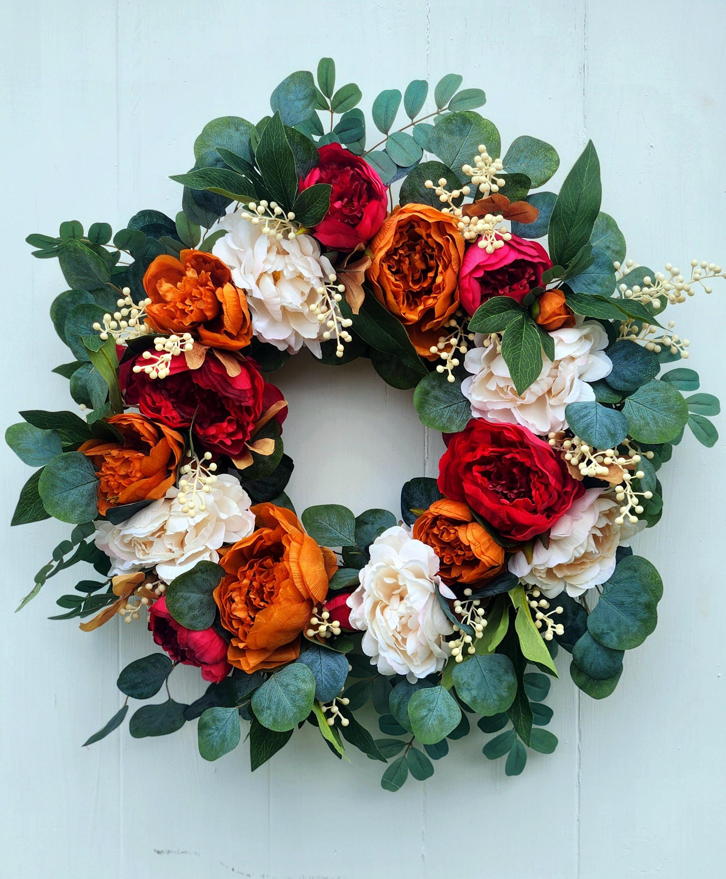 Faux Autumn Wreath for Front Door, Burgundy, Coffee/orange, Cream ...