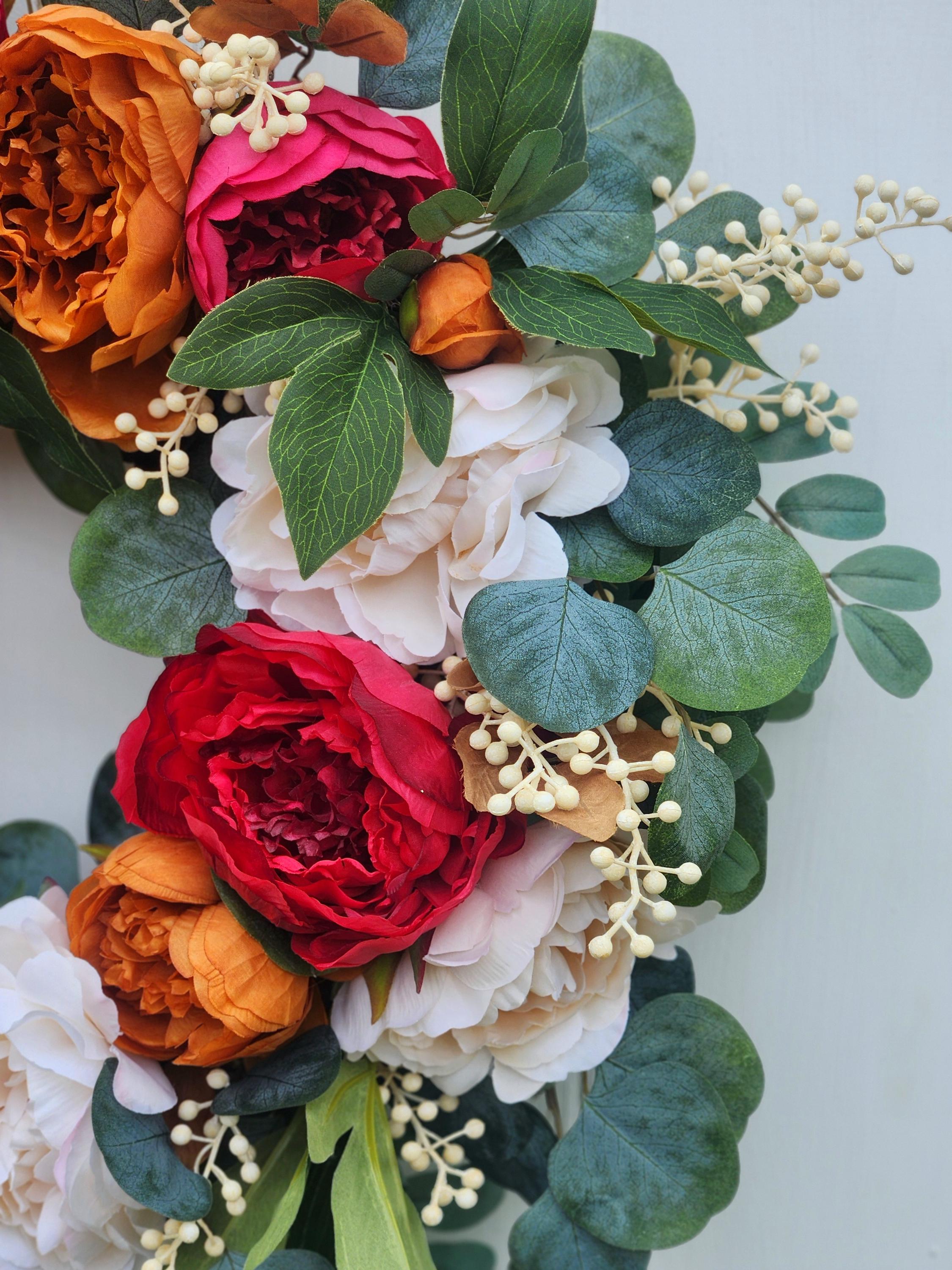 Faux Autumn Wreath for Front Door, Burgundy, Coffee/orange, Cream ...