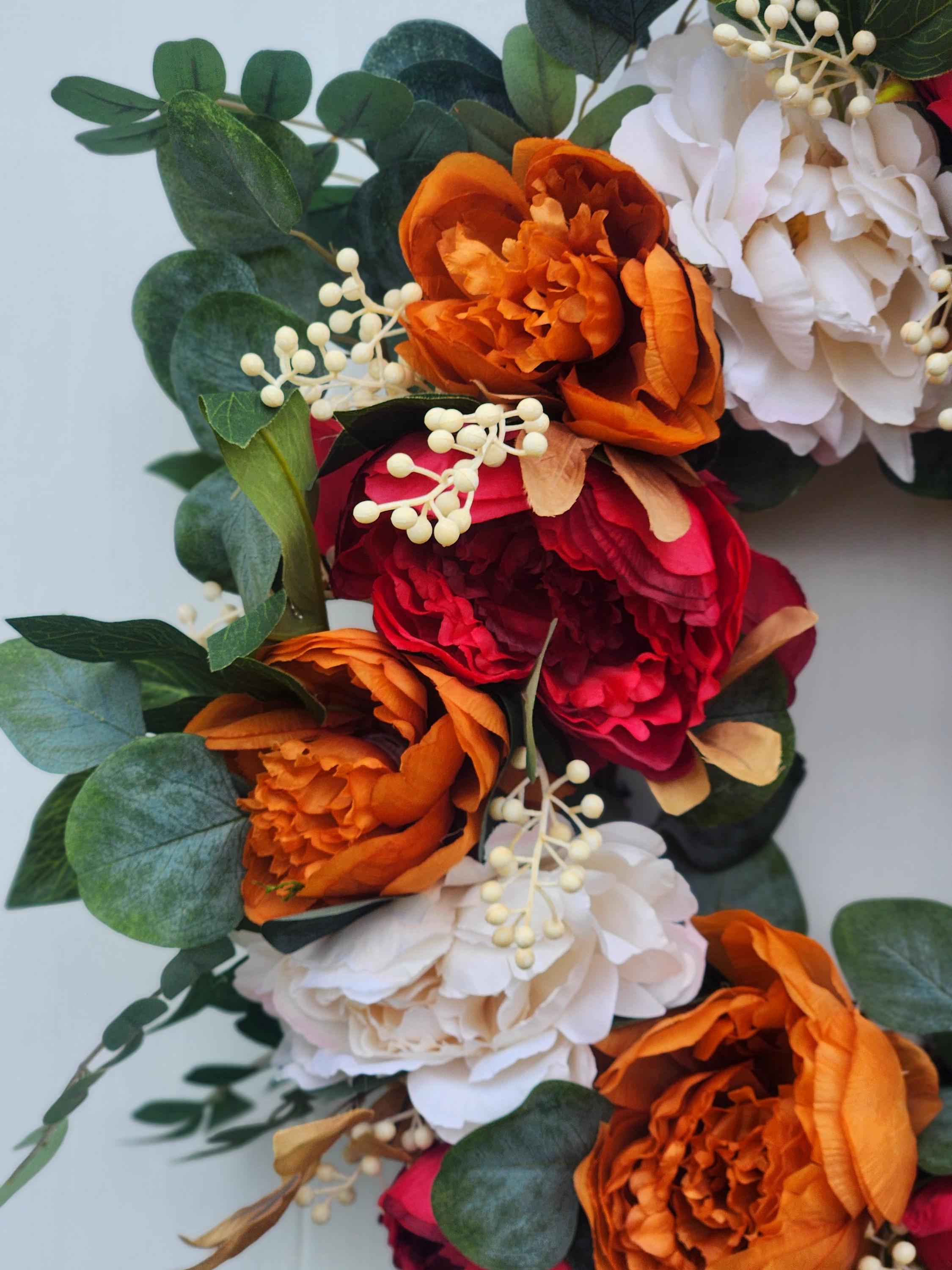 Faux Autumn Wreath for Front Door, Burgundy, Coffee/orange, Cream ...