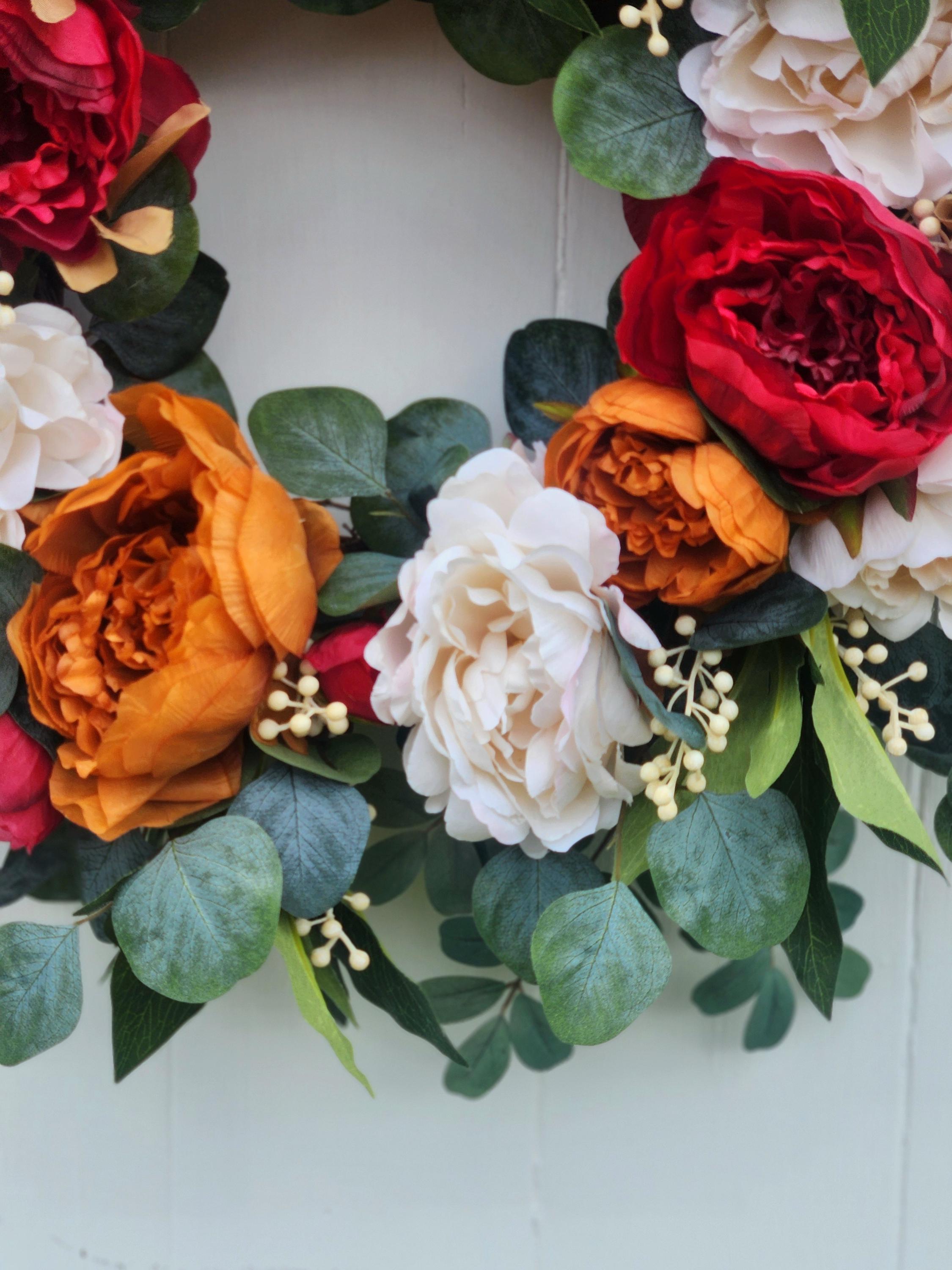 Faux Autumn Wreath for Front Door, Burgundy, Coffee/orange, Cream ...