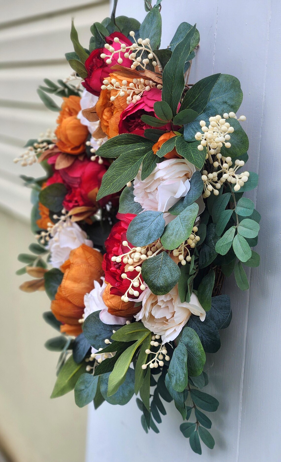 Faux Autumn Wreath for Front Door, Burgundy, Coffee/orange, Cream ...
