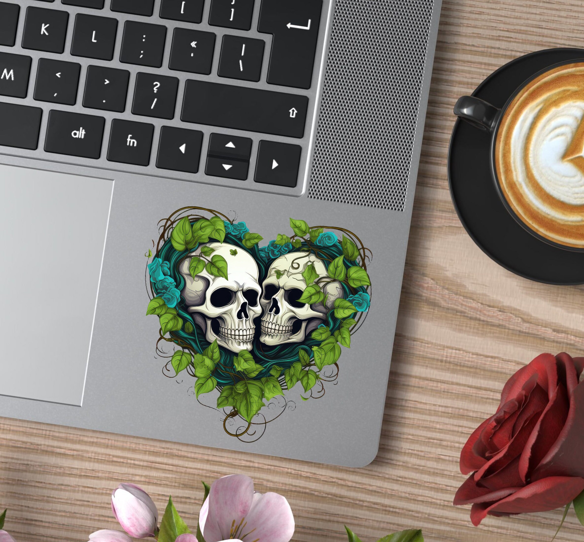 Skull Couple With Vines Sticker, Heart Design 2 Skulls Sticker, Skull ...