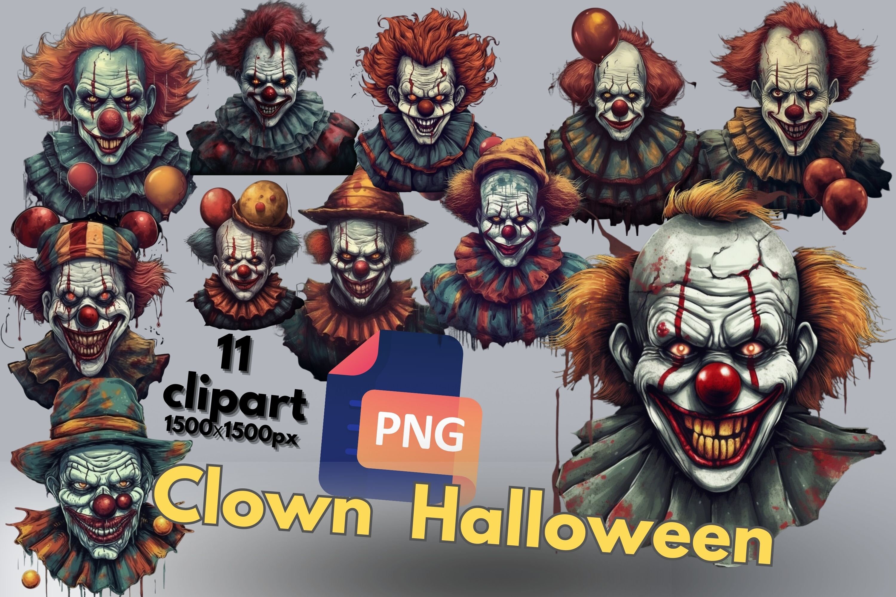 Horror Clown Portrait Clipart Bundle - Halloween Scary PNG, Commercial ...