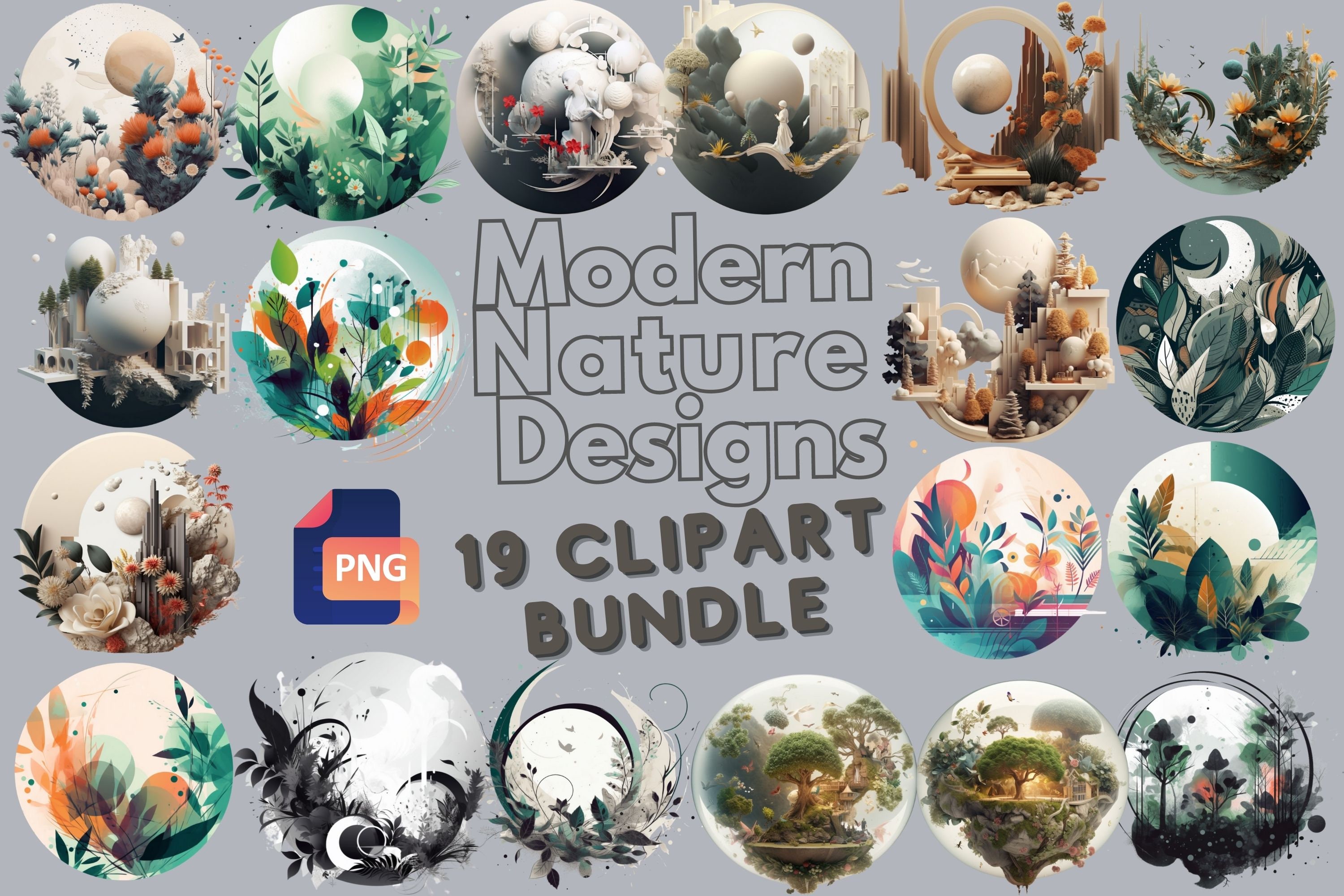 19 PNG, Clipart Modern Nature Designs Circle Bundle, Instant Download ...