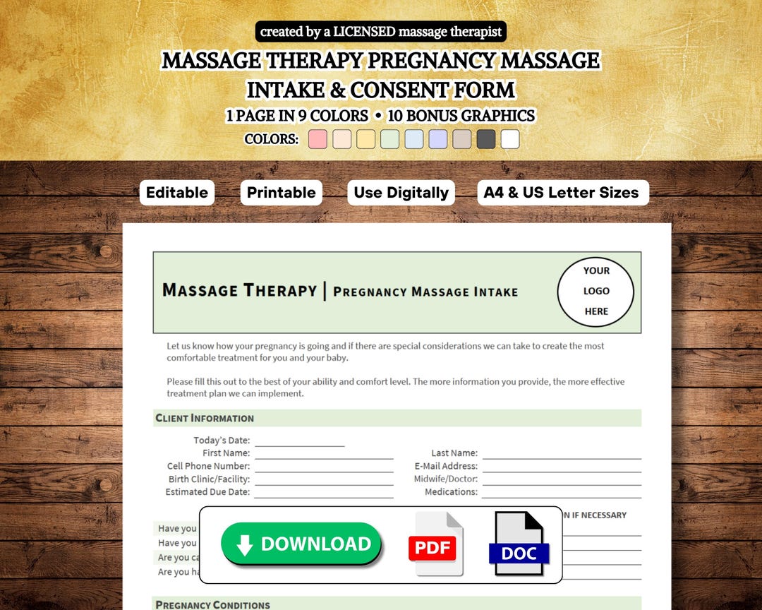 Pregnancy Massage Intake Form, Consent Form, 1 Page, PDF & DOC, Digital ...