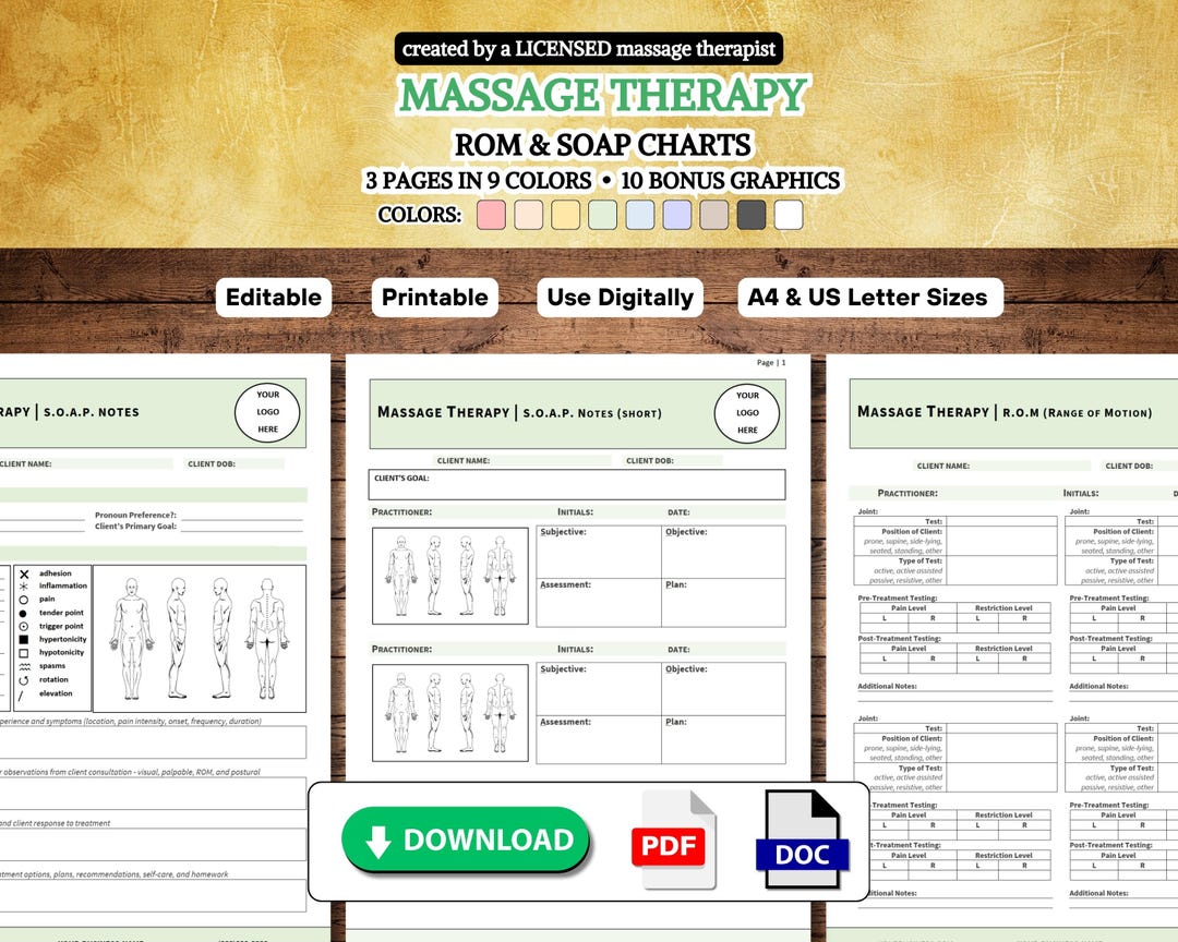 Massage Therapy SOAP and ROM Charts, SOAP Notes, Range of Motion ...
