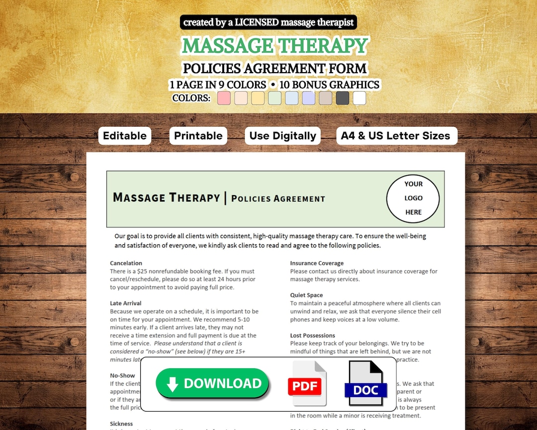 Massage Therapy Policies Agreement Form, Client Intake Form, Consent ...