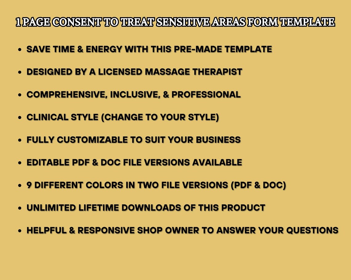 Massage Therapy, Consent to Treat Sensitive Areas Intake Form, Client ...
