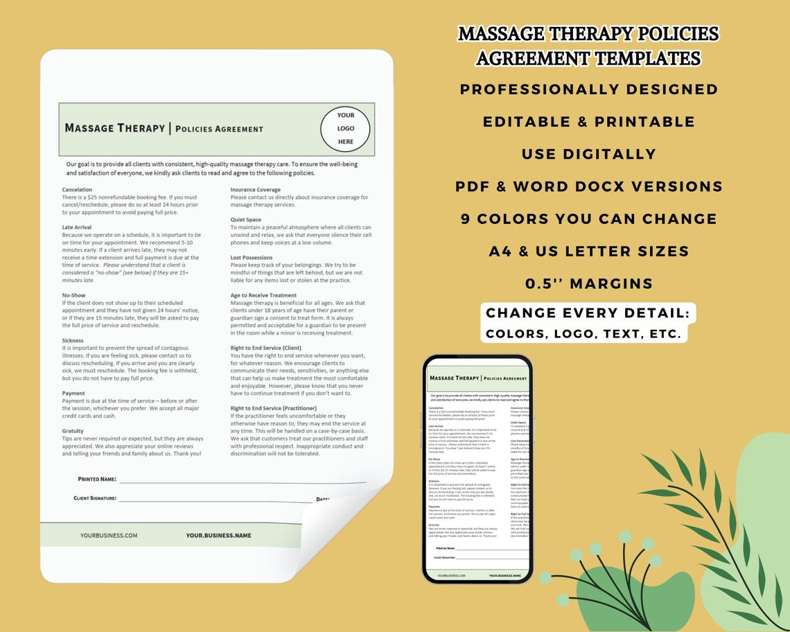 Massage Therapy Policies Agreement Form, Client Intake Form, Consent ...