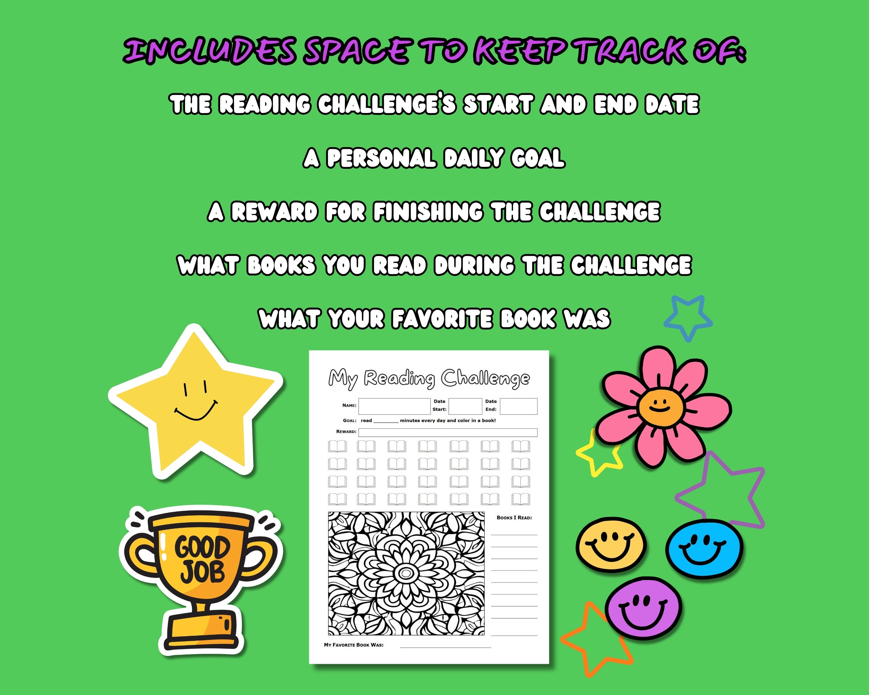 Fun Kids Reading Challenge, Digital, Printable, PDF, 12 Pages, Coloring ...