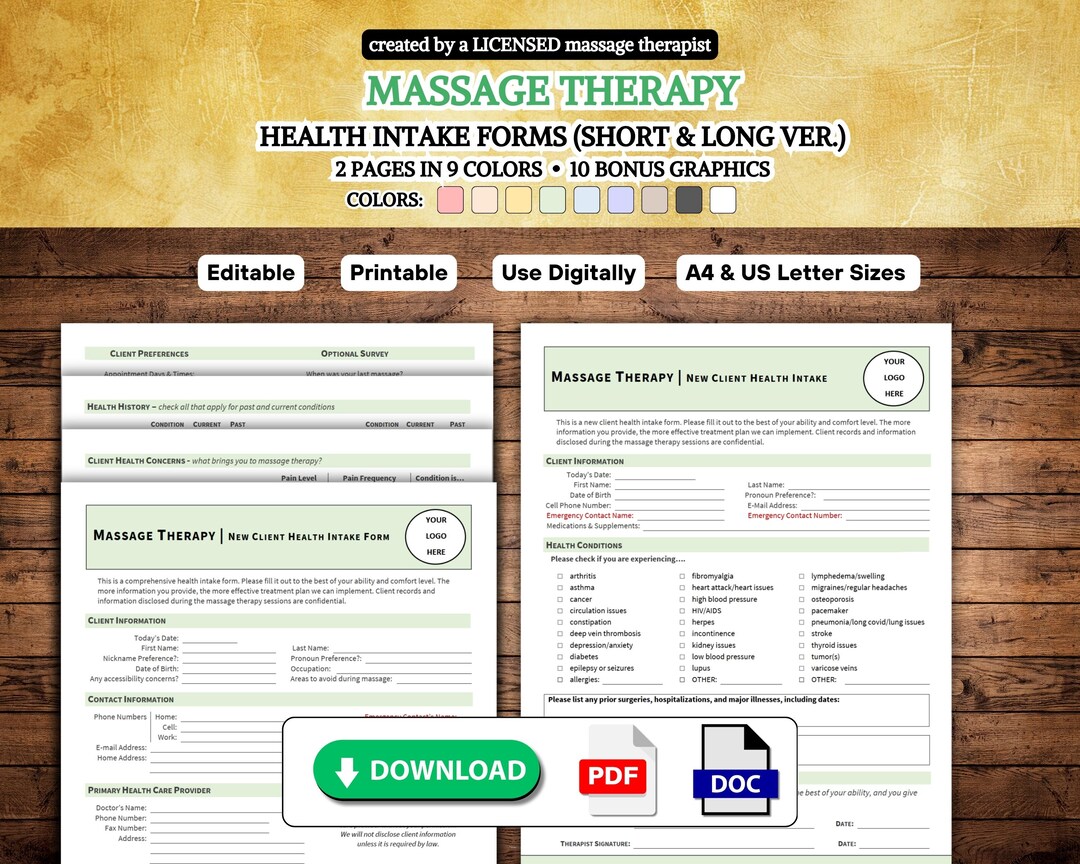 Massage Therapy Health Intake Form, Long and Short Ver, Client Intake ...