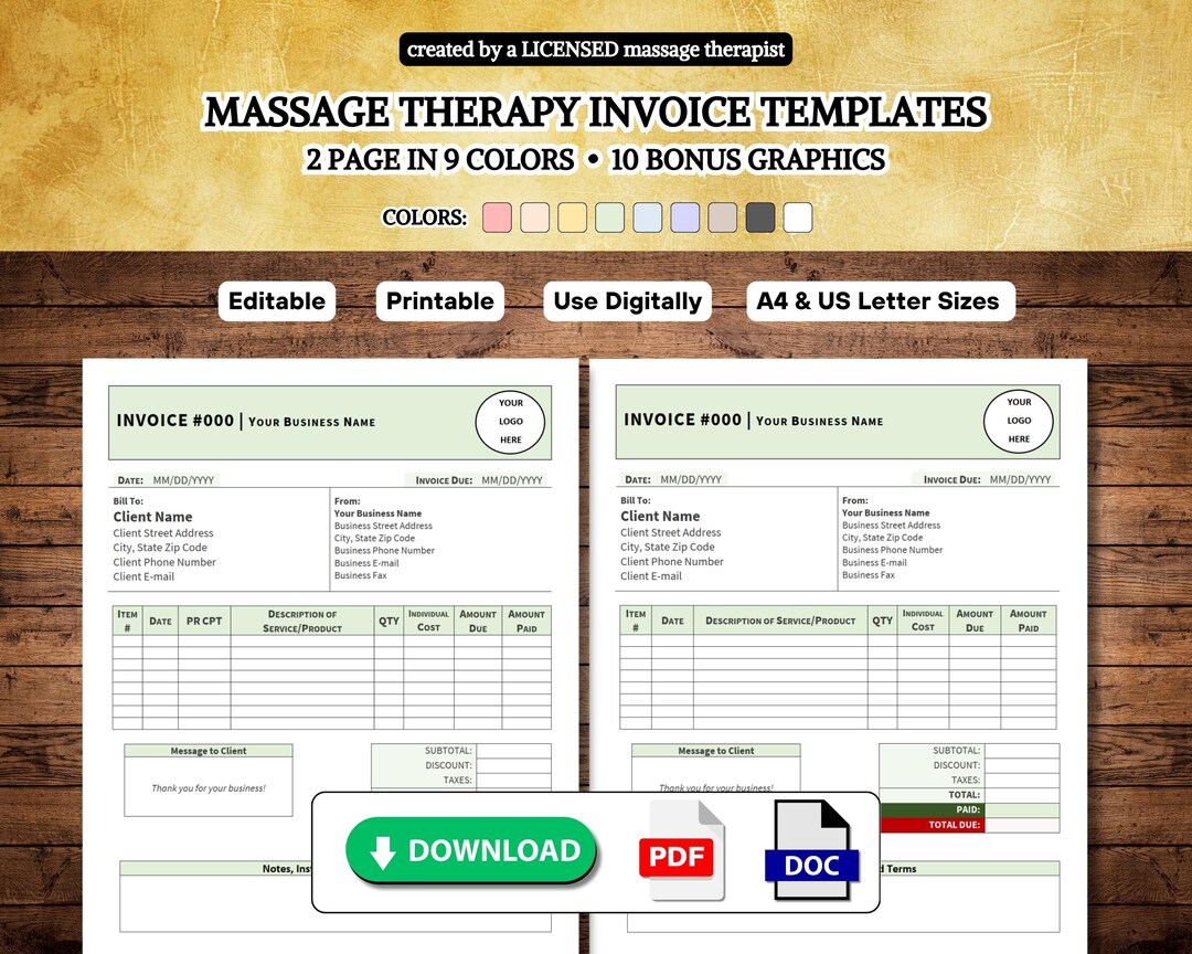 Massage Therapy Invoice Templates, 2 Page, PDF & DOC, Digital ...