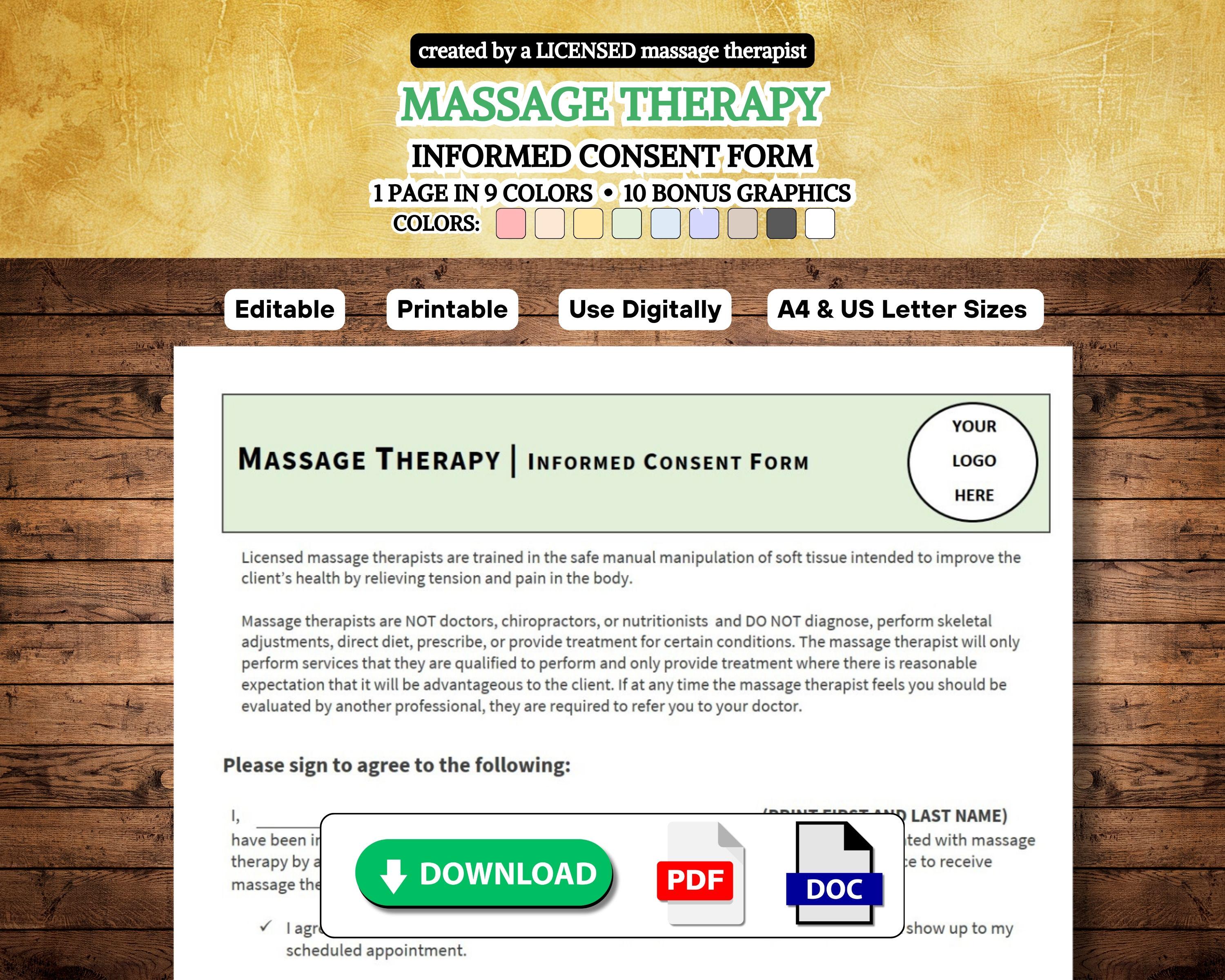 Massage Consent Form, Client Intake Form, Massage Therapy Form, PDF ...