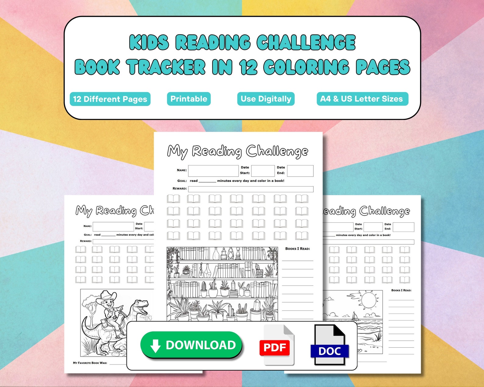 Fun Kids Reading Challenge, Digital, Printable, PDF, 12 Pages, Coloring ...