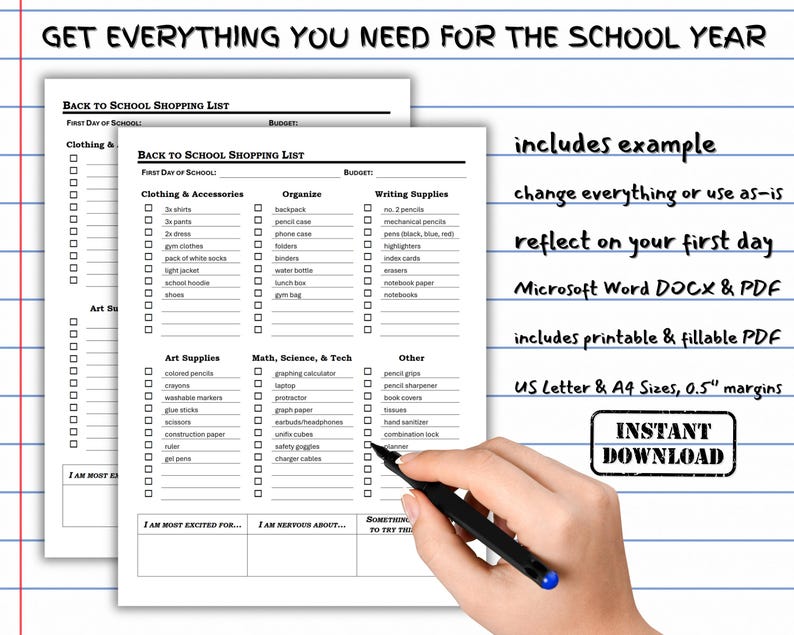 Back to School Shopping List, Digital, Printable, Editable, 10 ...