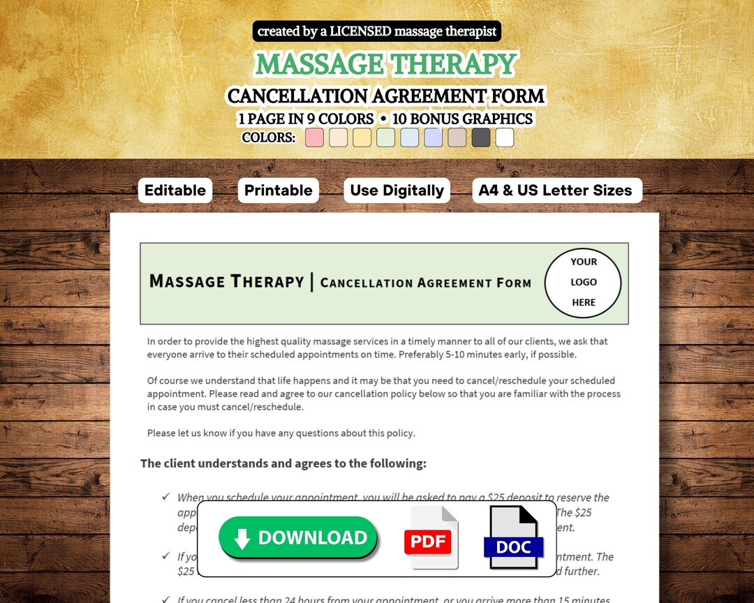 Massage Therapy Cancellation Form, Cancelation Agreement, Massage ...