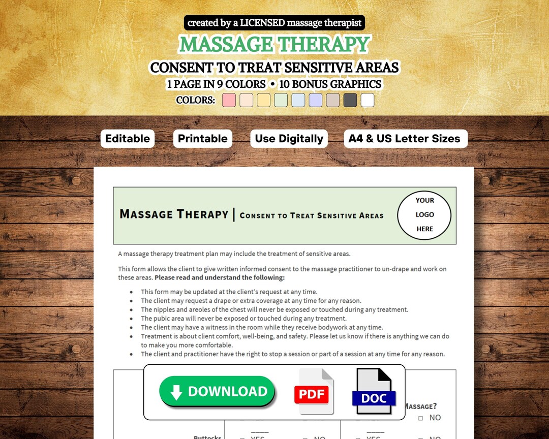 Massage Therapy, Consent to Treat Sensitive Areas Intake Form, Client ...