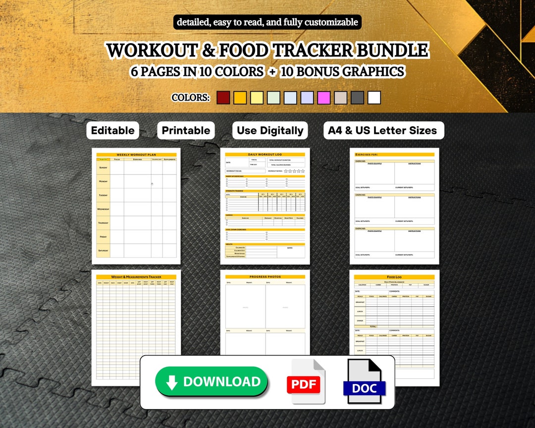 Complete Fitness & Food Tracker, 6 Pages, Digital, Printable, Editable ...