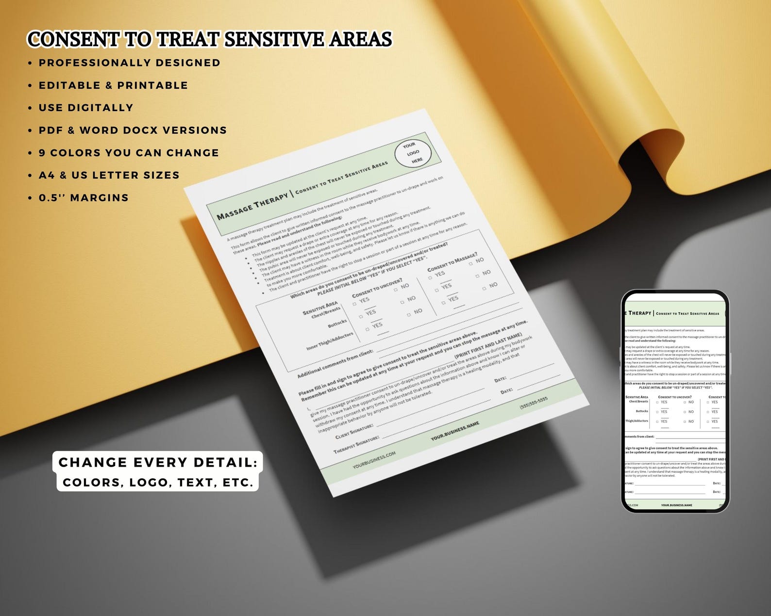 Massage Therapy, Consent to Treat Sensitive Areas Intake Form, Client ...