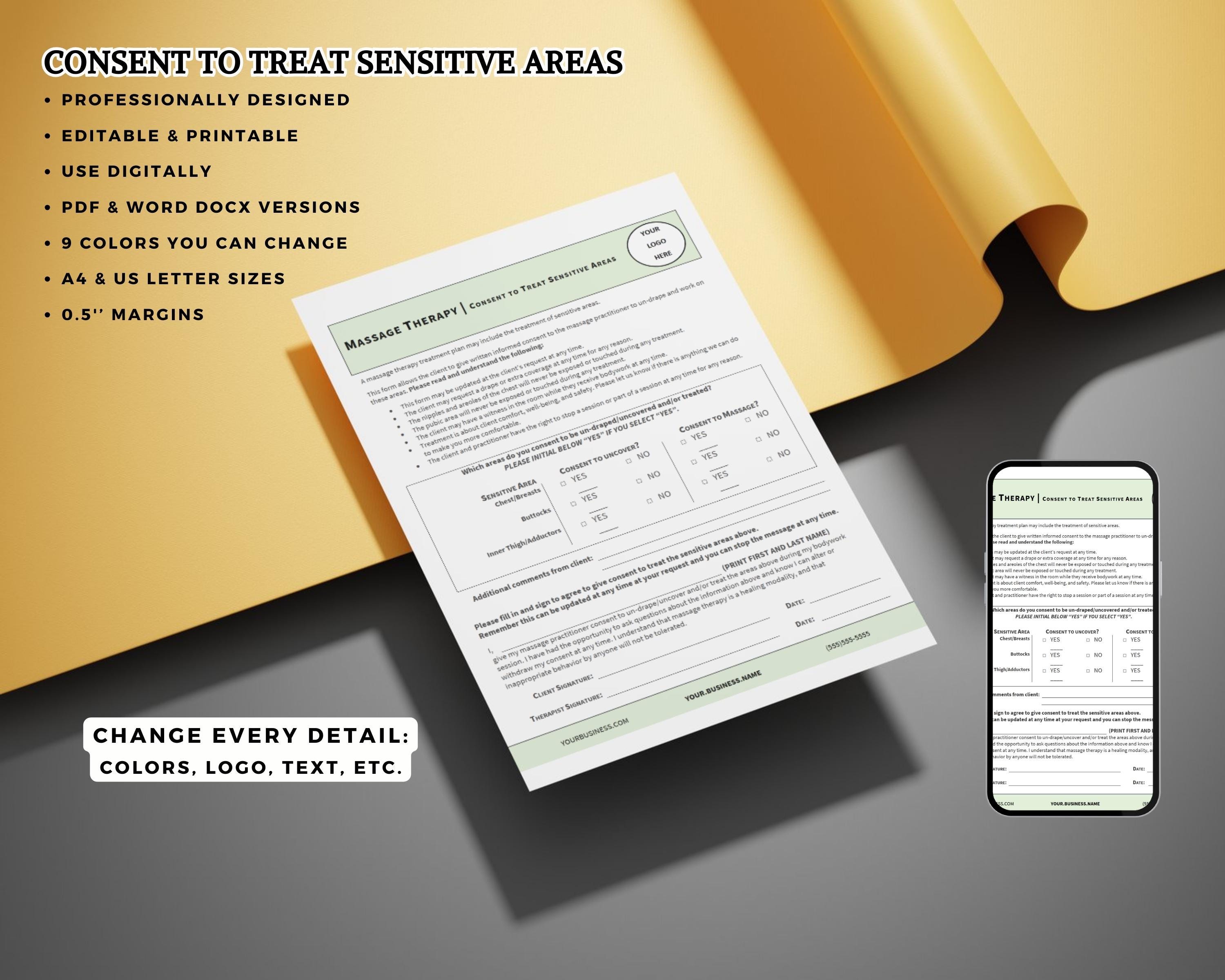Massage Therapy, Consent to Treat Sensitive Areas Intake Form, Client ...