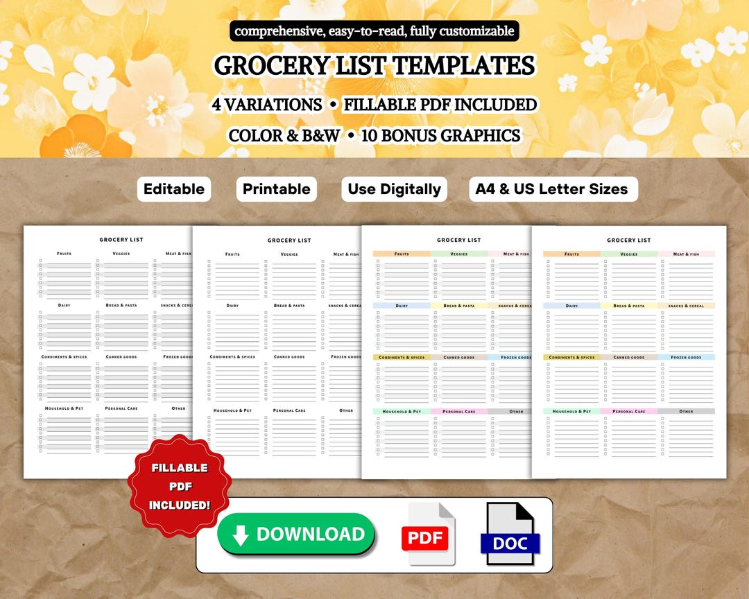 Grocery List Template, 4 Variations, Includes Fillable, Digital ...