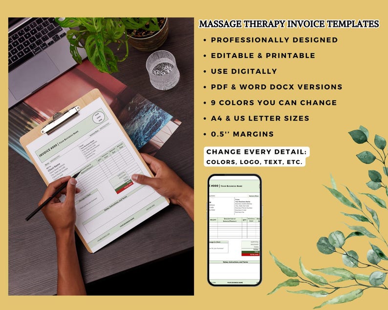 Massage Therapy Invoice Templates, 2 Pages, PDF & DOC, Digital ...