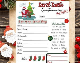 Printable Secret Santa Questionnaire Sign up Sheet Secret Santa Gift ...