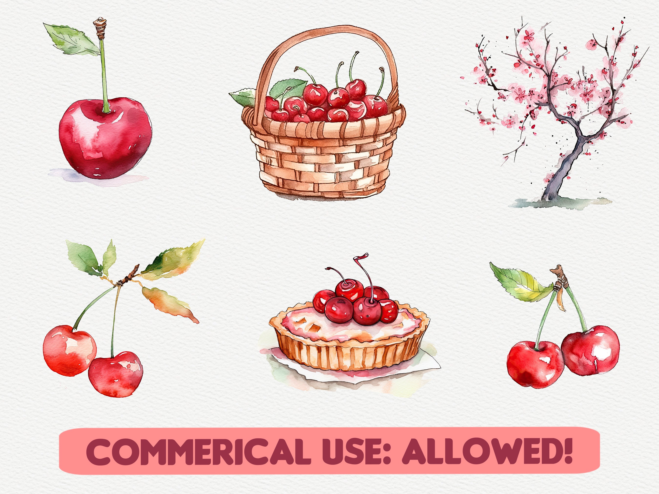 Watercolor Cherry Clipart Bundle, Cherries PNG Digital Download ...