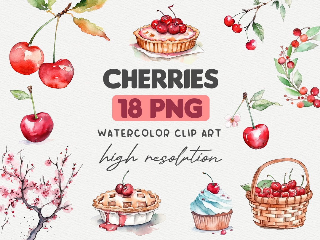 Watercolor Cherry Clipart Bundle, Cherries PNG Digital Download ...