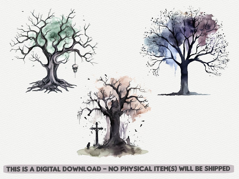 Watercolor Gothic Trees Clipart Bundle, Gothic PNG Digital Download ...