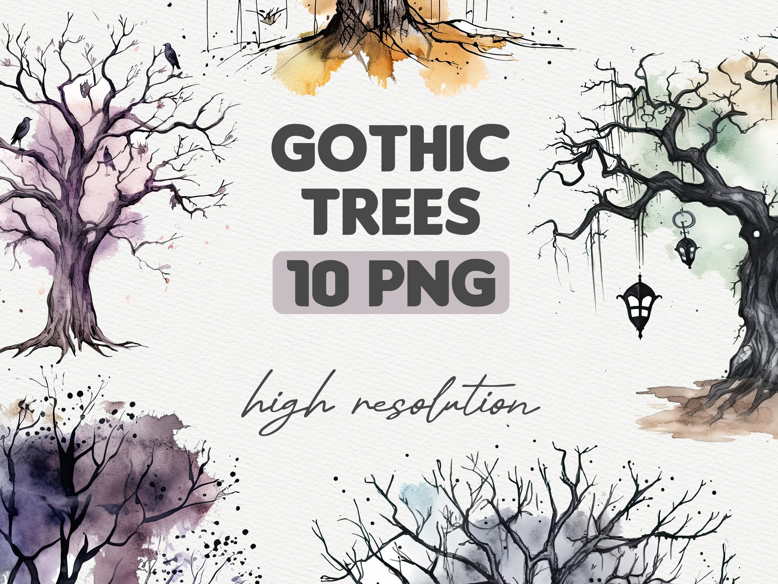 Watercolor Gothic Trees Clipart Bundle Gothic PNG Digital - Etsy
