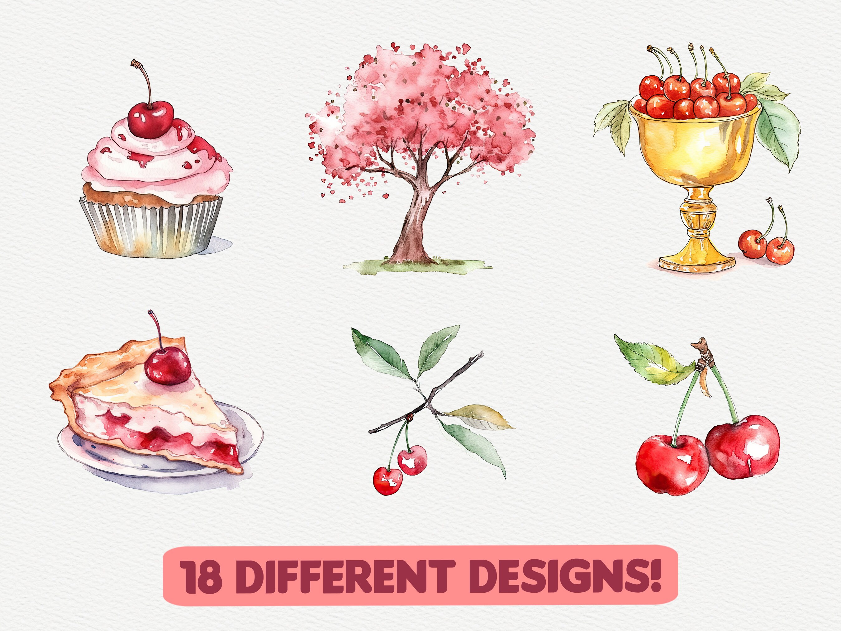 Watercolor Cherry Clipart Bundle, Cherries PNG Digital Download ...