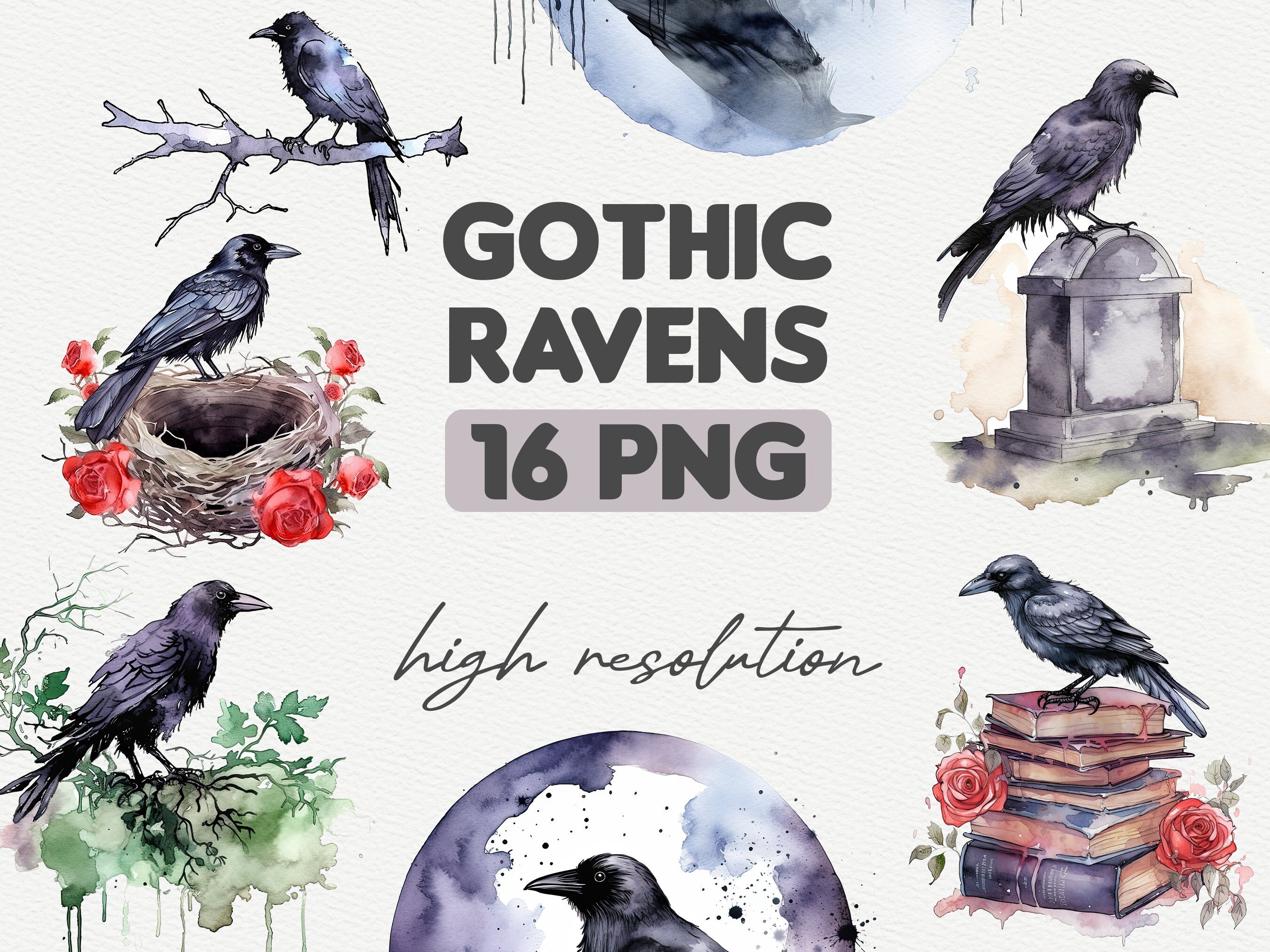 Watercolor Gothic Ravens Clipart Bundle, Gothic PNG Digital Download ...